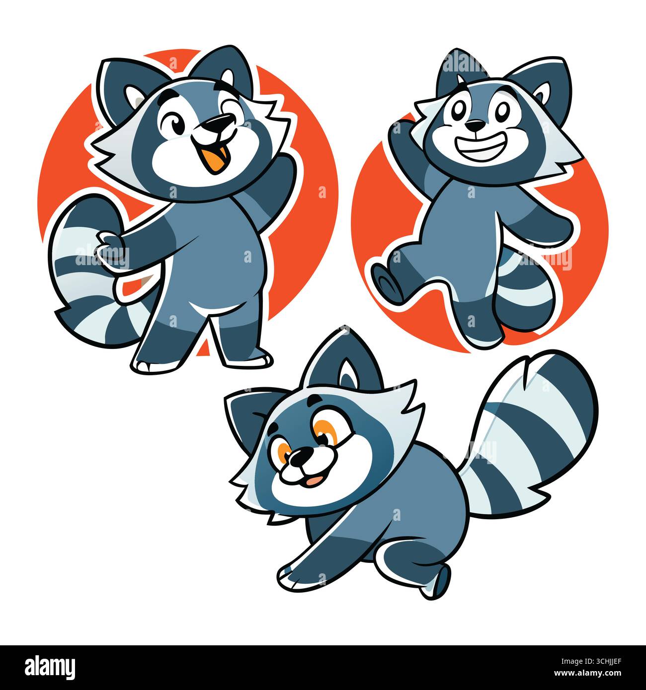Set of playful cartoon raccoon characters in dynamic poses with red ...