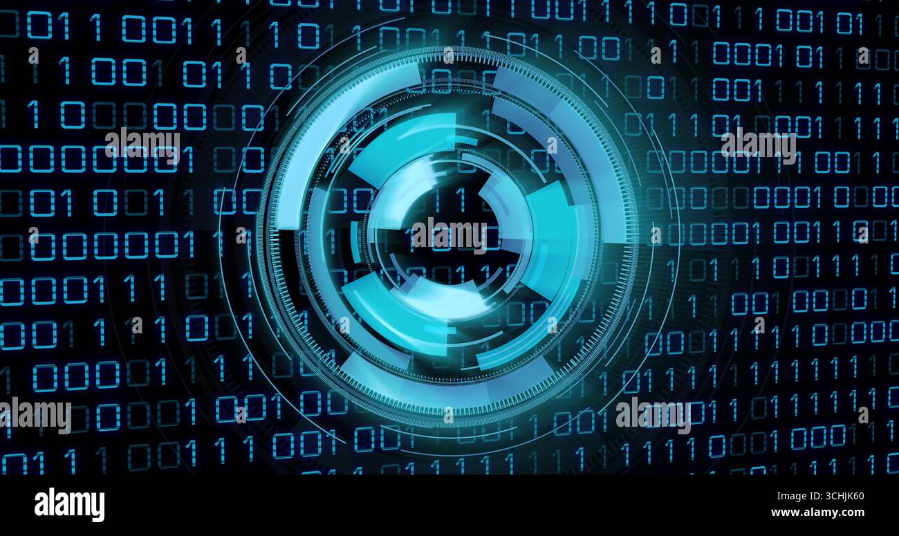 Displaying holographic HUD showing glowing binary code streams on simulated computer grid ...