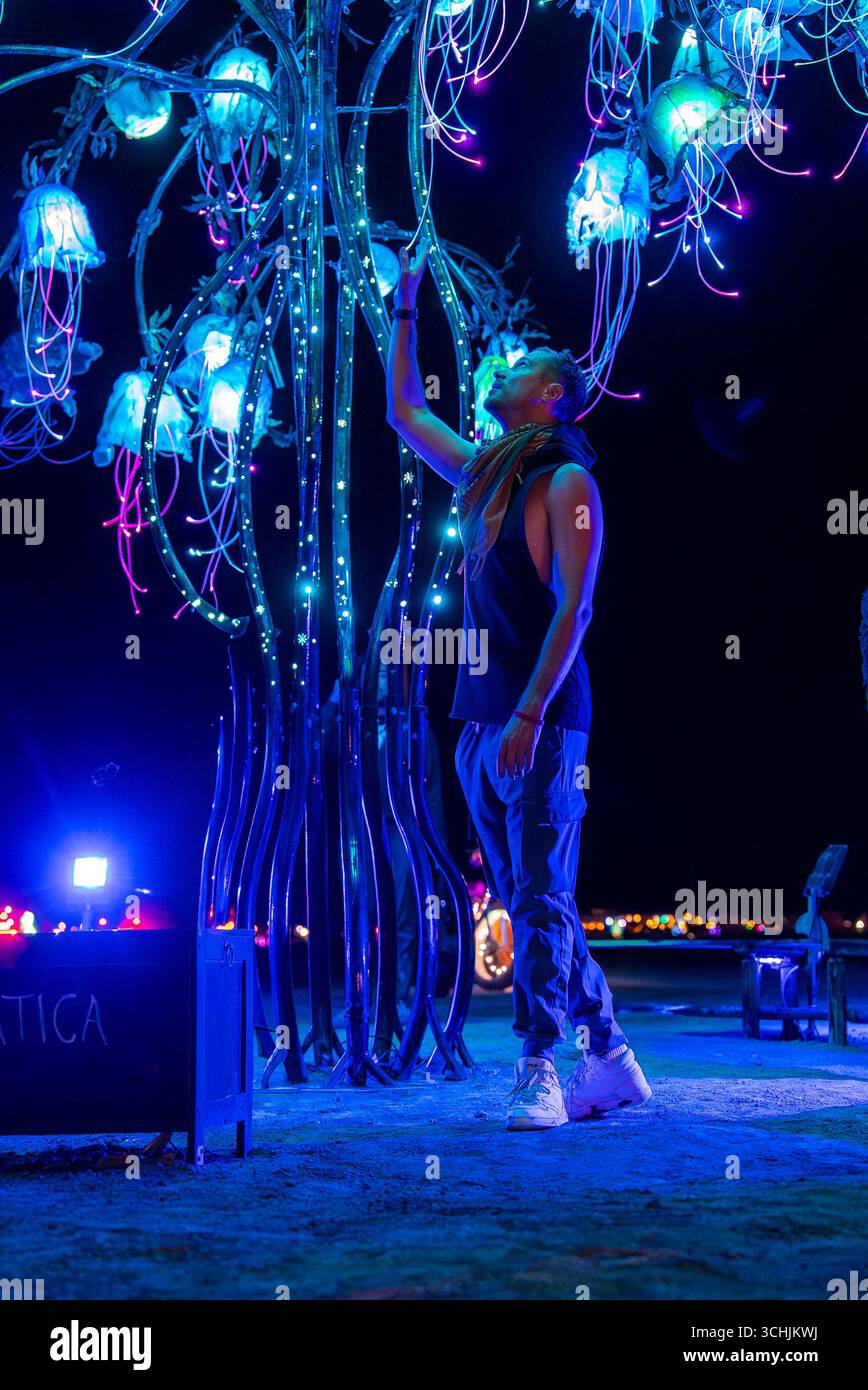 Man Under Glowing Jellyfish Art Installation at Burning Man 2025 Stock ...