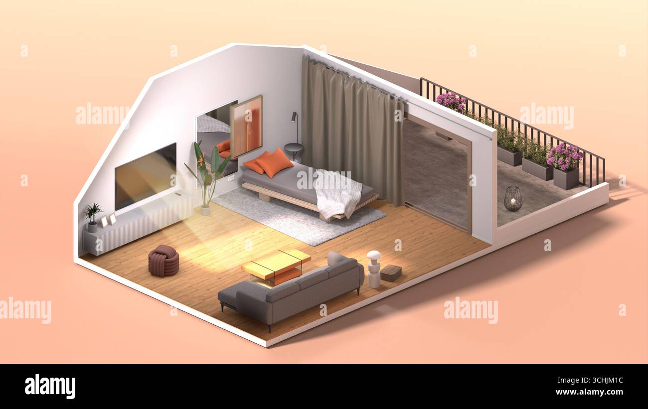 Living room 3d isometric interior design. 3d render Stock Photo - Alamy