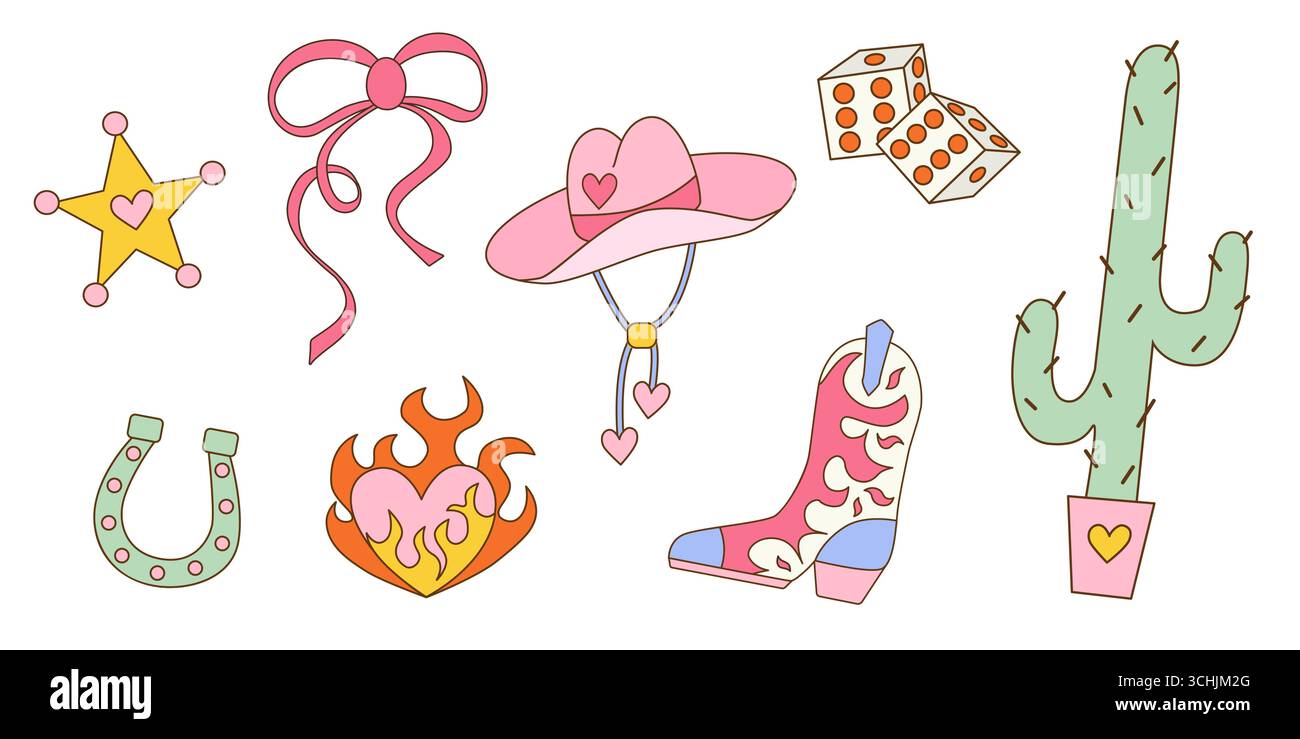 Set of cowgirl design elements. Cowgirl boots, hat, horseshoe, cactus ...