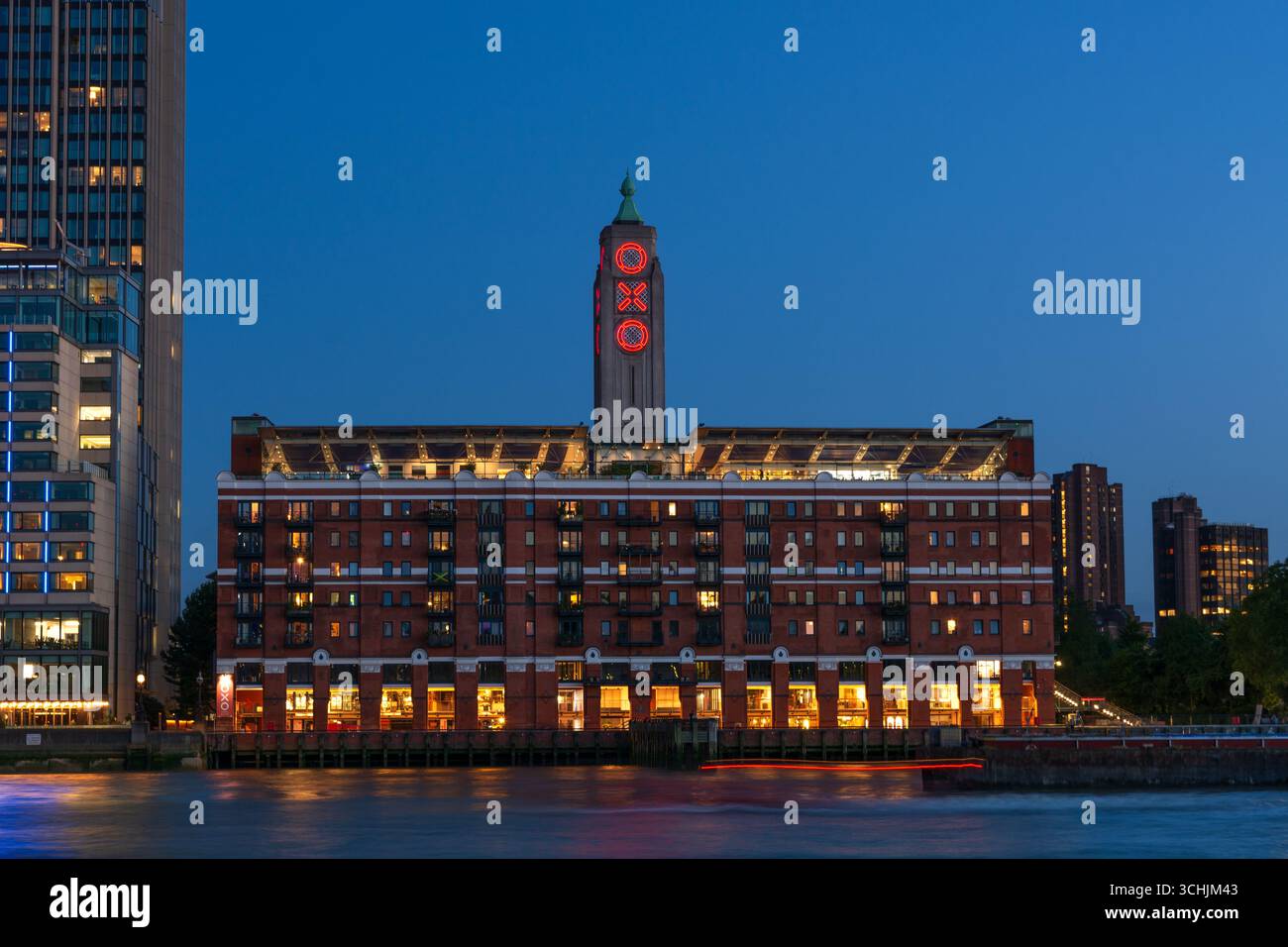 The Oxo Tower restaurant illuminated at night, Barge House St, London ...