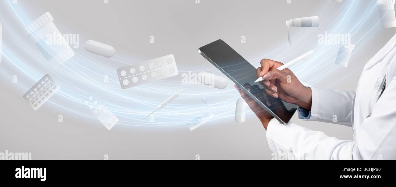 Collage of a doctor using a tablet to manage medication and healthcare ...