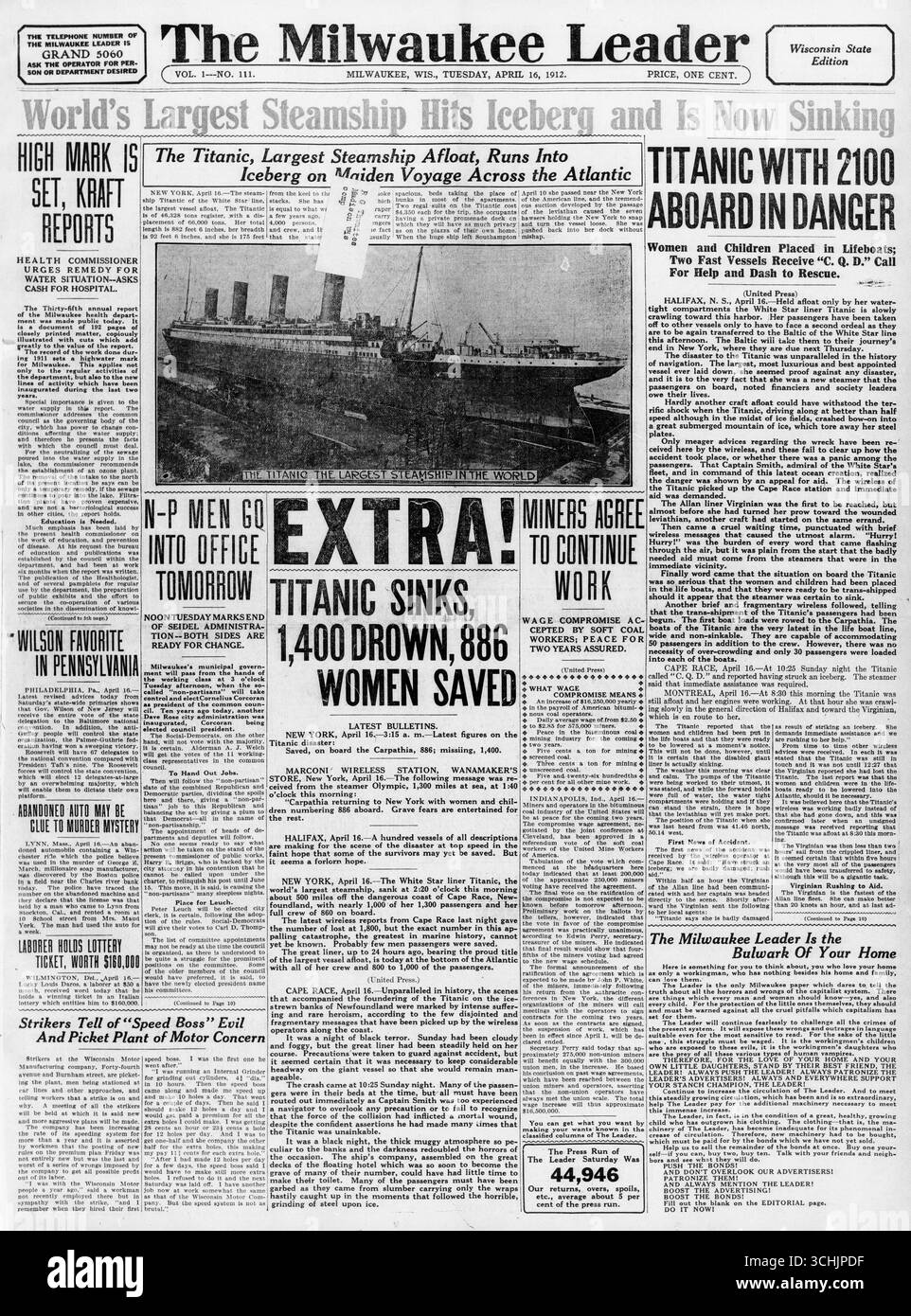 The Milwaukee Leader newspaper, headlines about the Titanic disaster ...