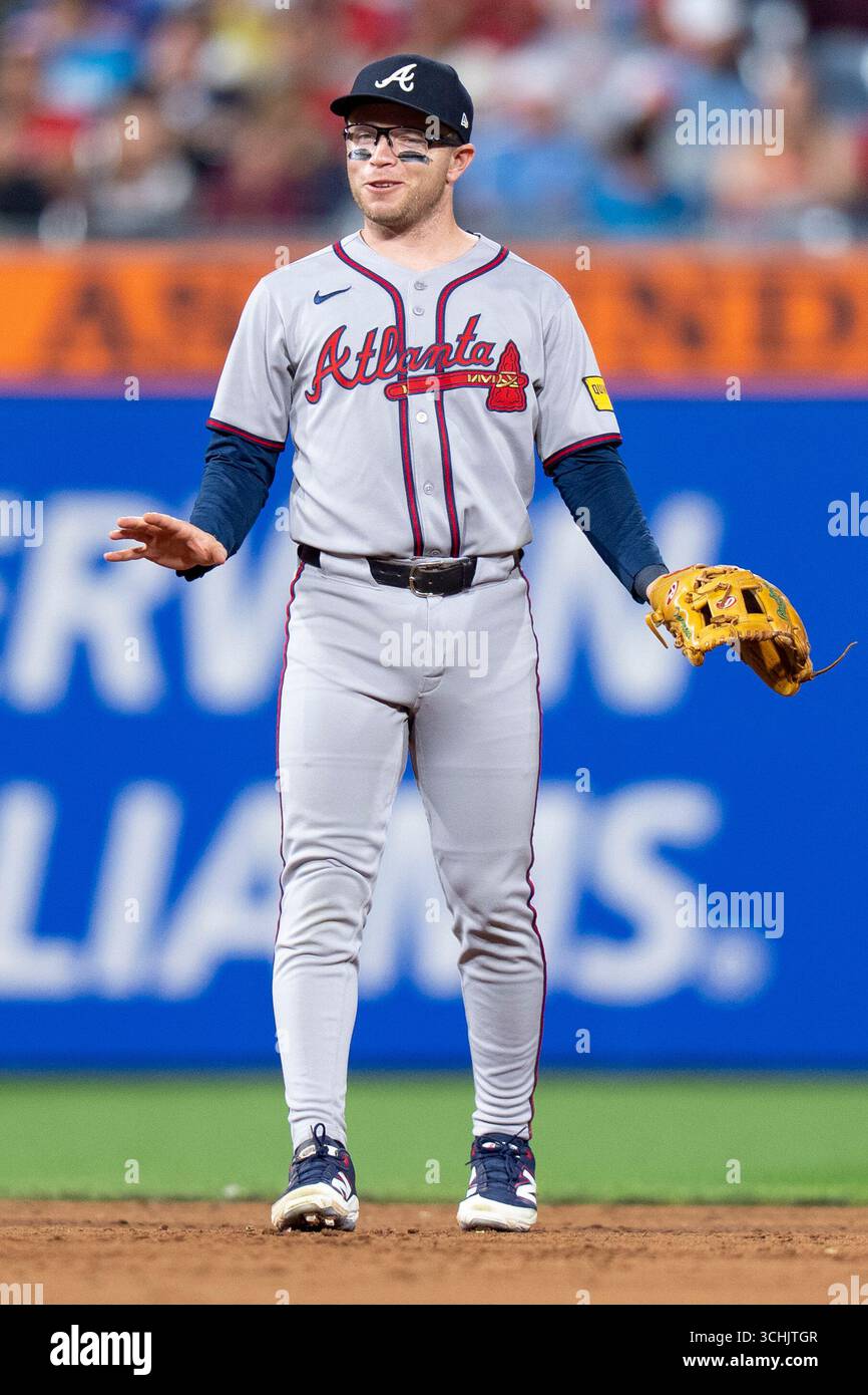 Atlanta Braves shortstop Nick Allen reacts during a baseball game ...