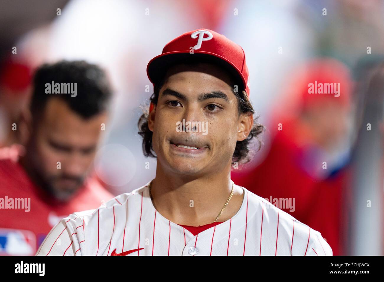 Philadelphia Phillies starting pitcher Jesus Luzardo looks on in the dugout after getting pulled ...