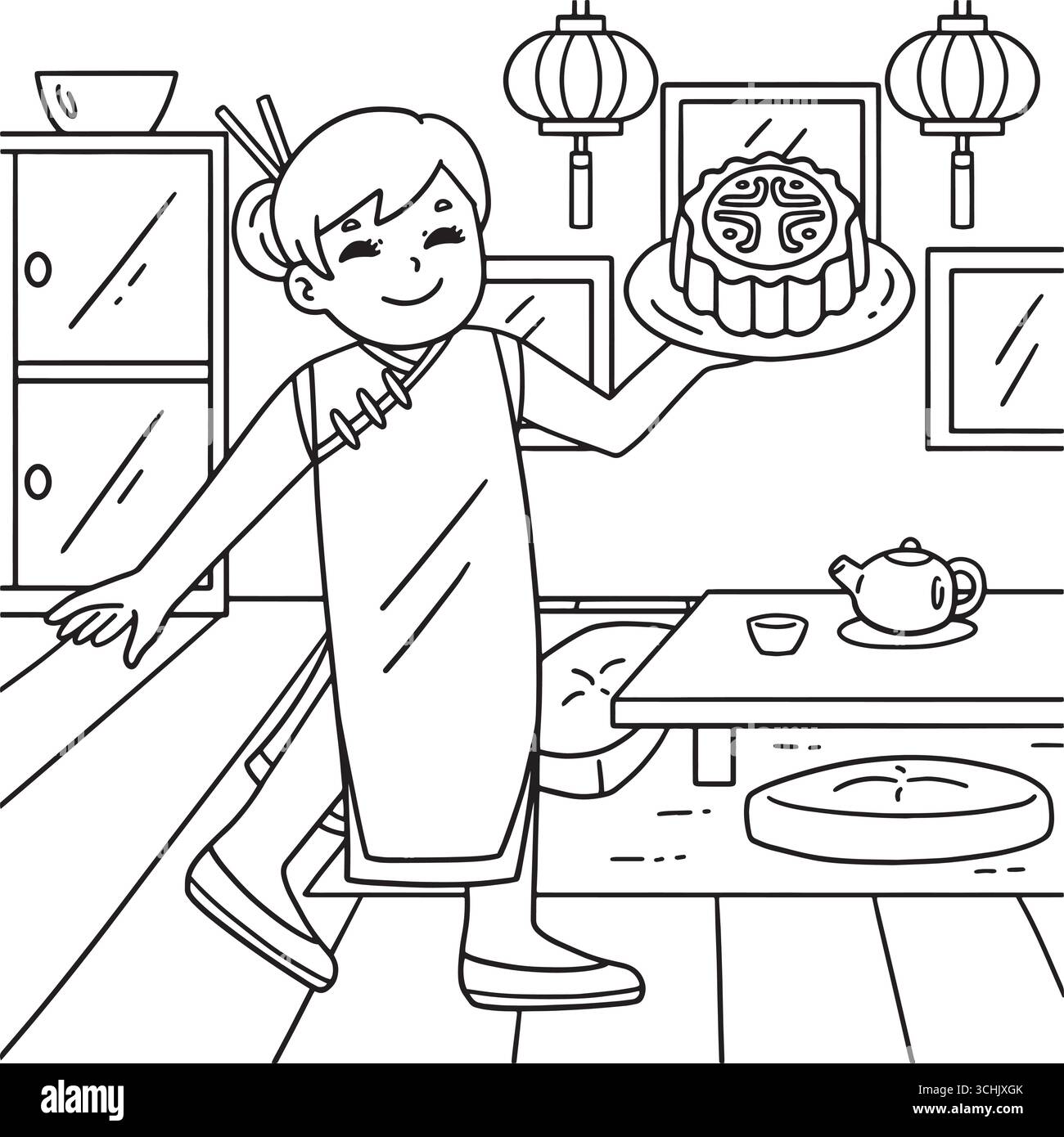Mid Autumn Festival Mom Holding Mooncake Coloring Stock Vector Image ...