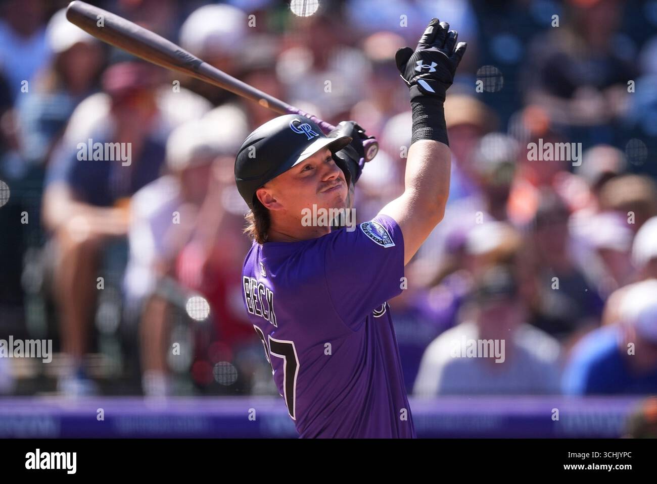 Colorado Rockies left fielder Jordan Beck (27) in the second inning of ...