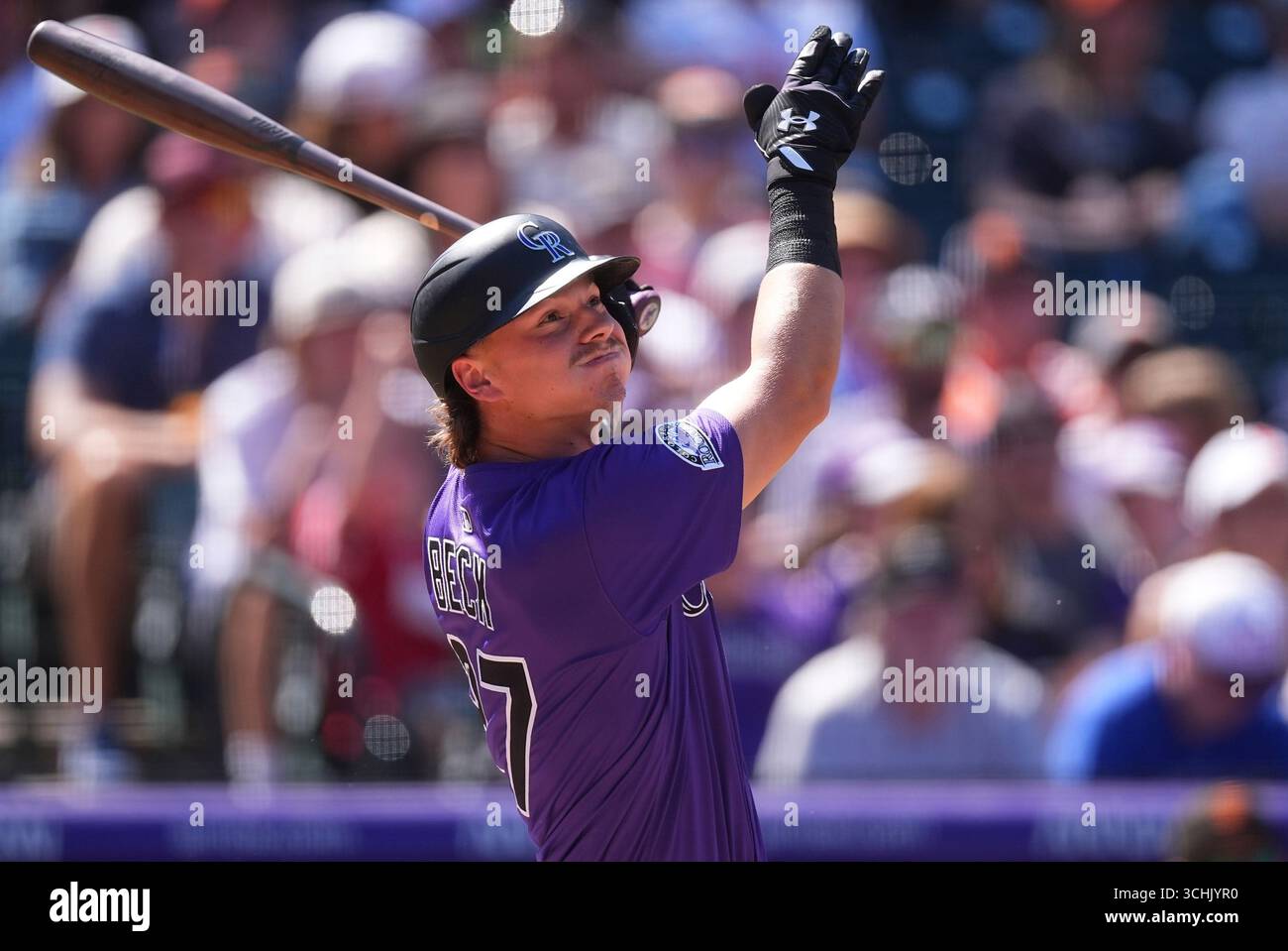 Colorado Rockies left fielder Jordan Beck (27) in the second inning of ...