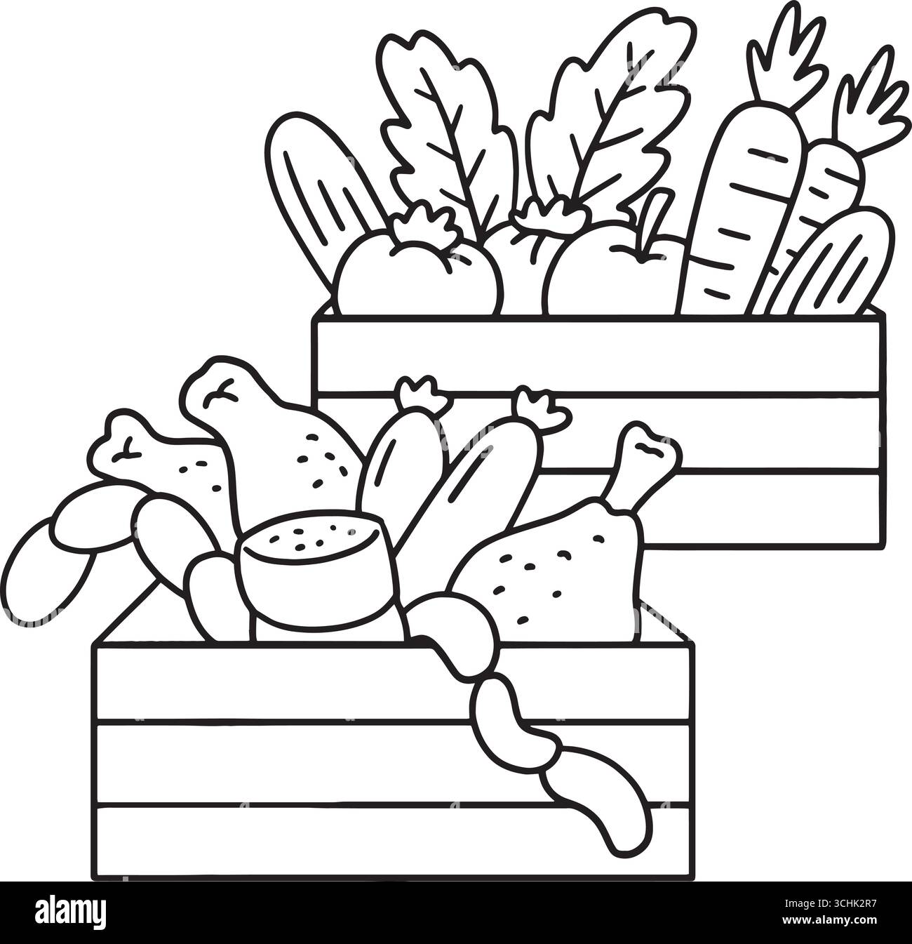 Meat and vegetables illustration Black and White Stock Photos & Images ...