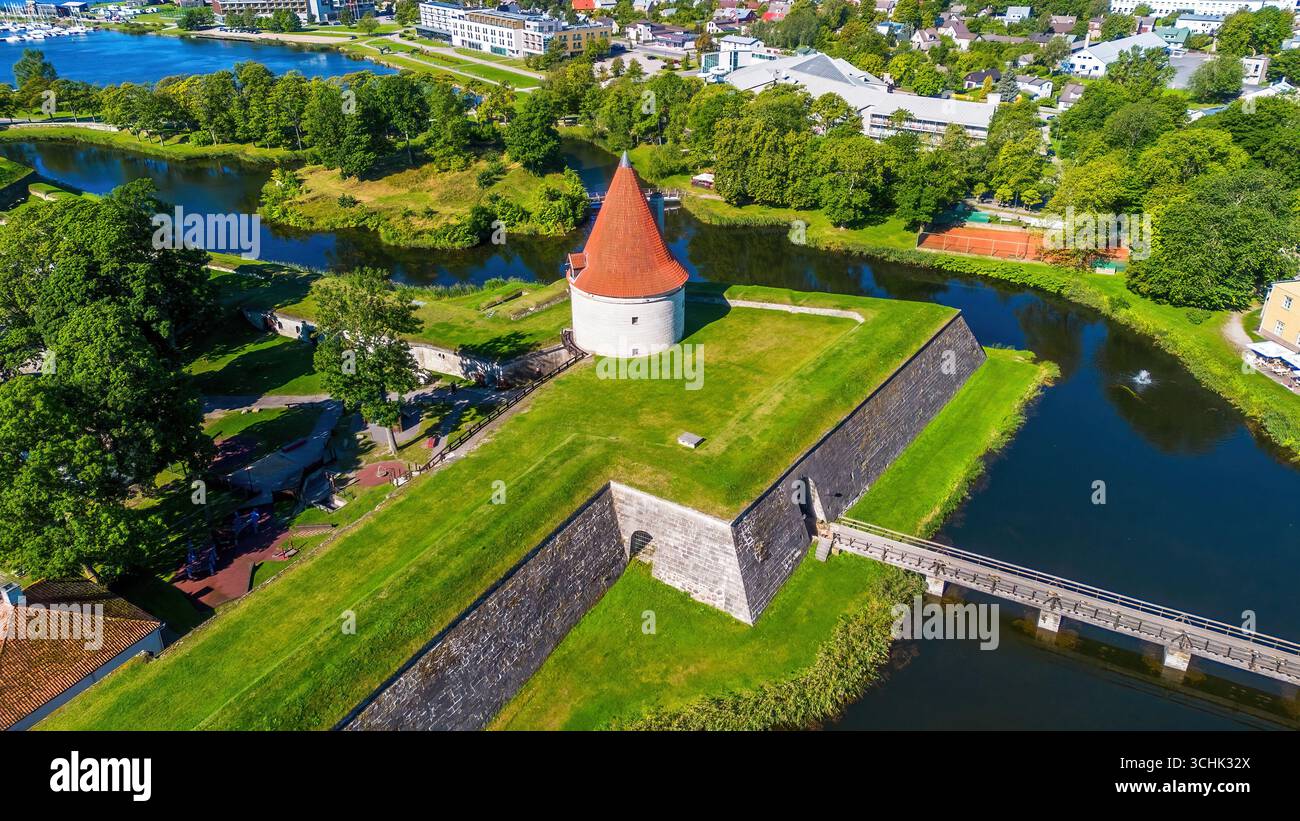 Aerial view of the defensive tower of Kuressaare Castle sitting on one ...