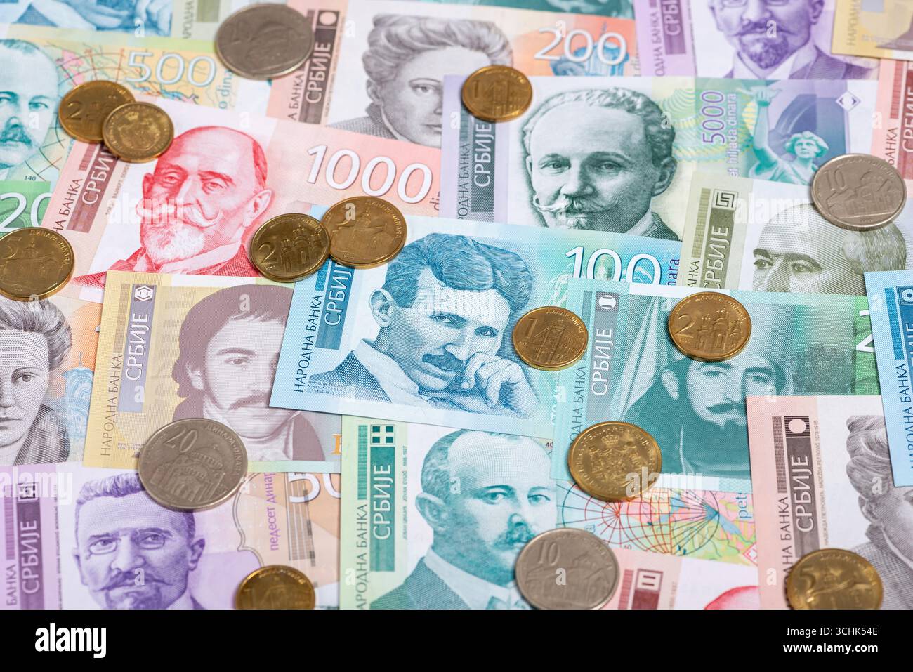 A heap of Serbian dinar paper currency different value and coins ...