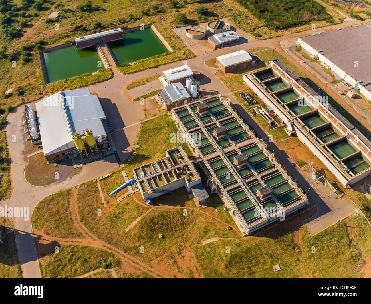 aerial view water plant supply, wastewater works sewage treatment ...