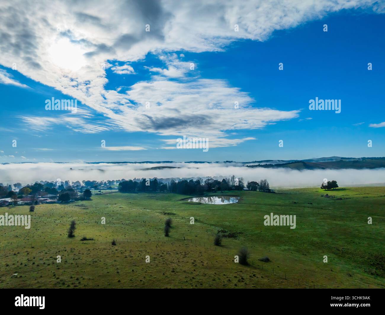 Aerial Sunrise landscape views over the countryside with fog from ...