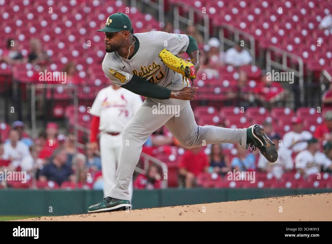 Athletics starting pitcher Luis Severino throws during the first inning ...
