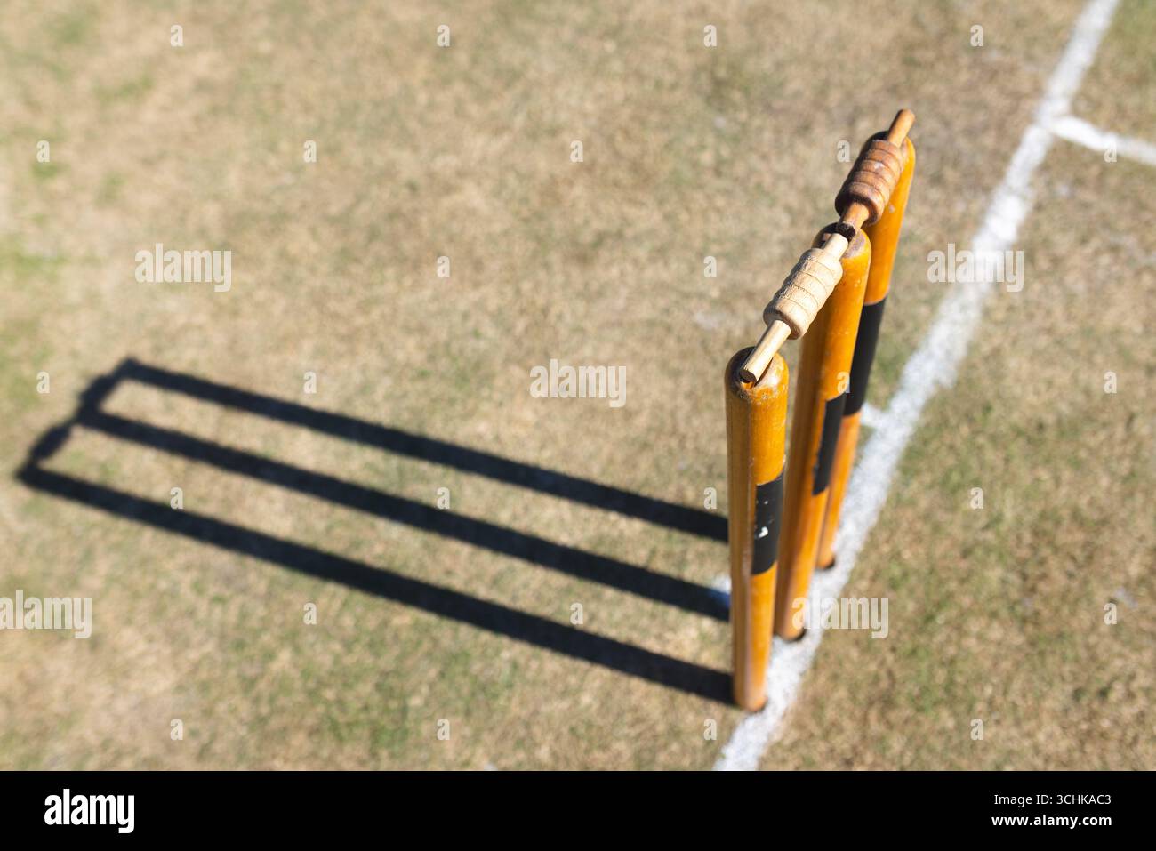 Three cricket stumps with bails standing on grassy pitch next to chalk ...