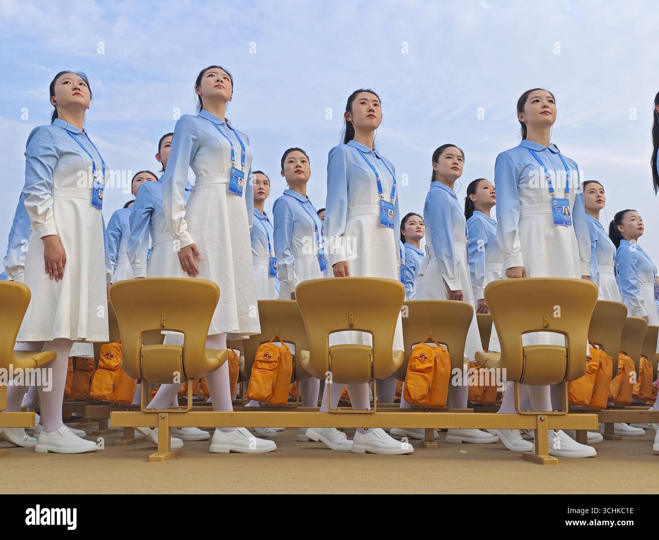 Chinese chorus band members line up at Tiananmen Square in Beijing on ...