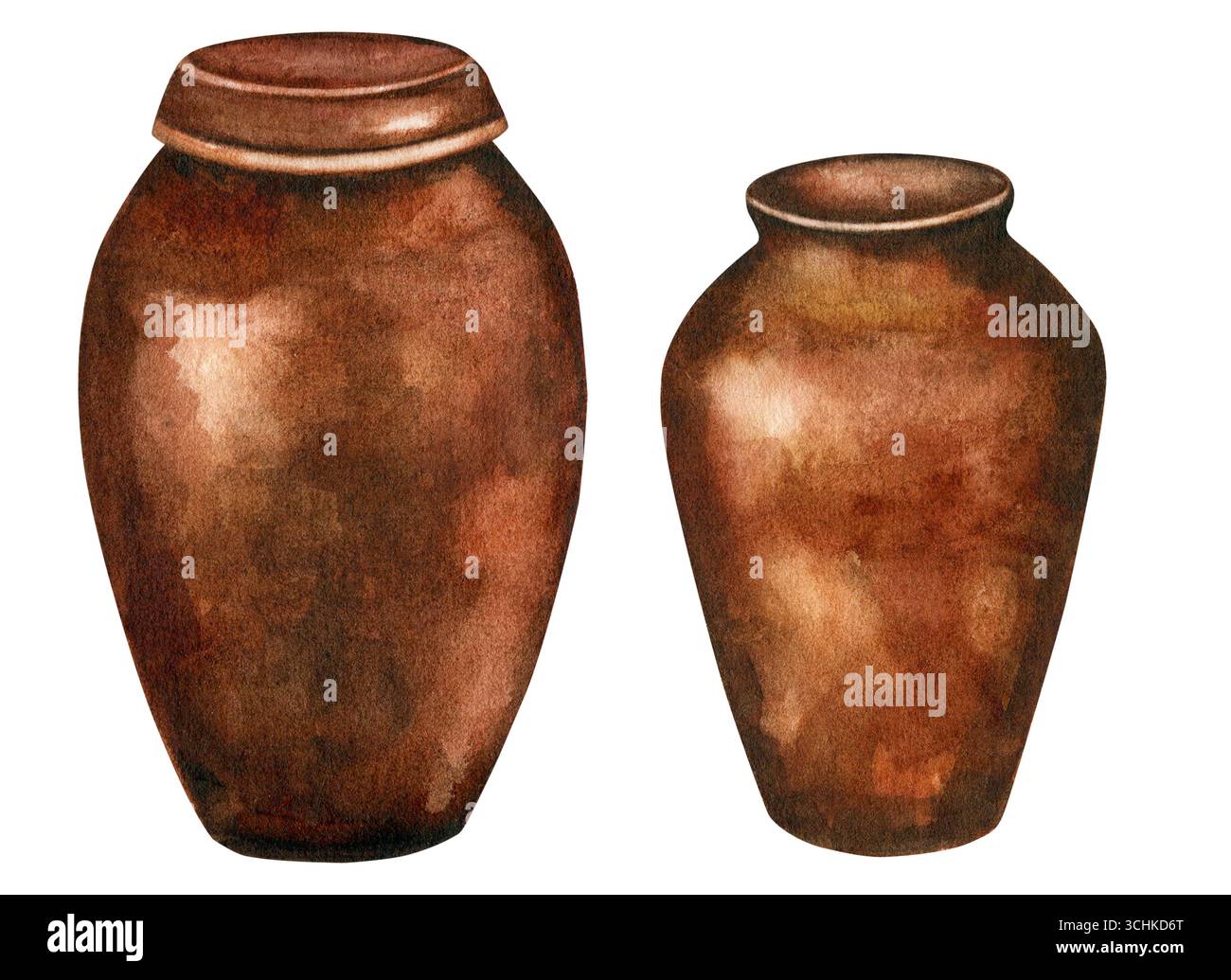 Barrels, vats, vases, pots for making kimchi. Watercolor composition on ...