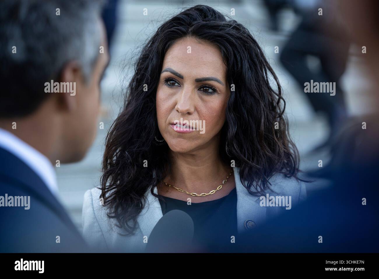 Rep. Lauren Boebert (R-Colo.) speaks with reporters as she departs a ...