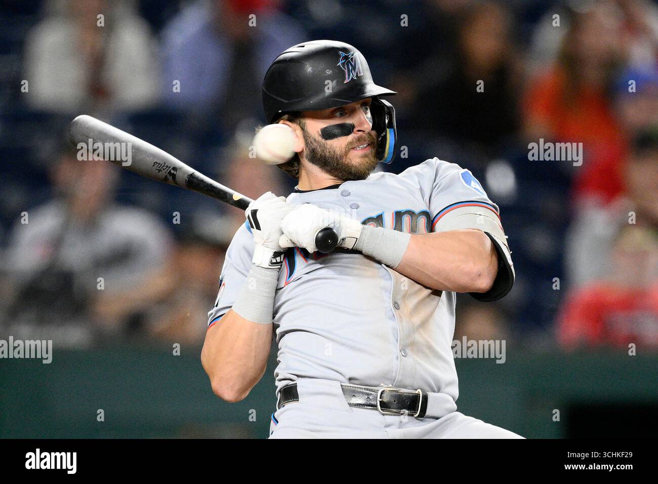 Miami Marlins' Connor Norby reels back from a close pitch by Washington ...