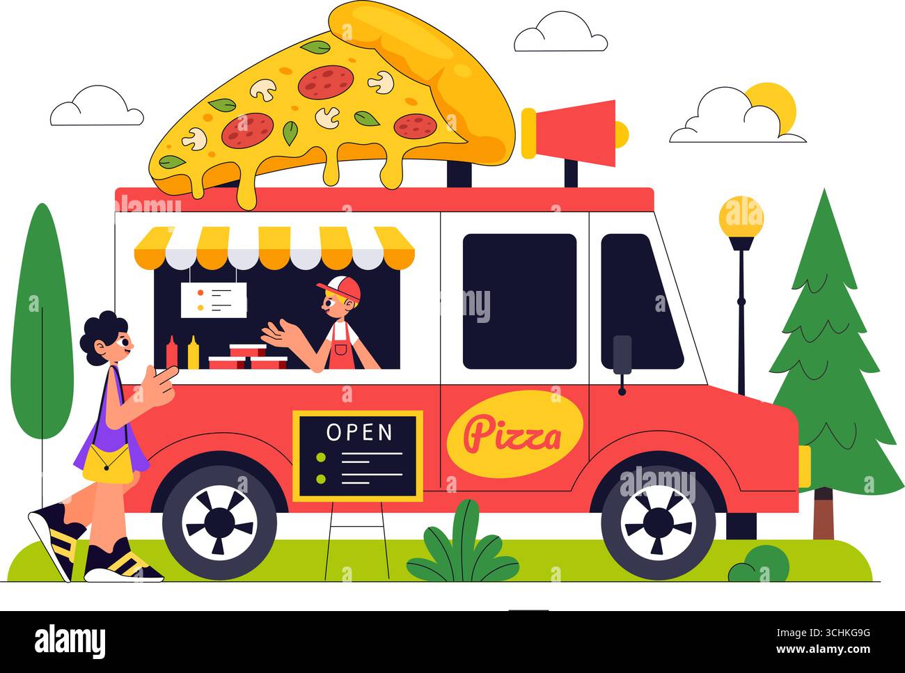 Food Truck Vector Illustration featuring Outdoor Street Vendors Serving ...