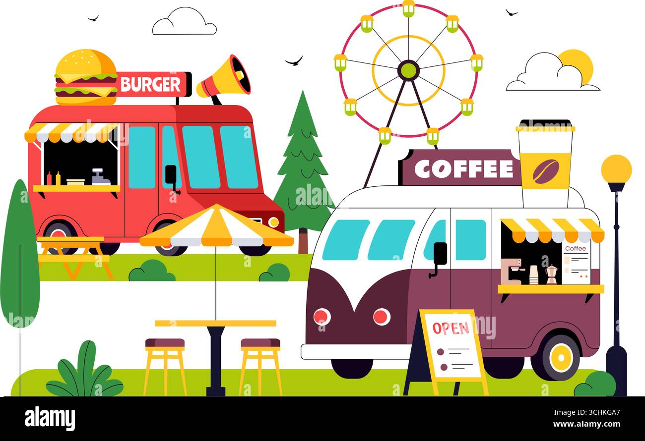 Food Truck Vector Illustration featuring Outdoor Street Vendors Serving ...