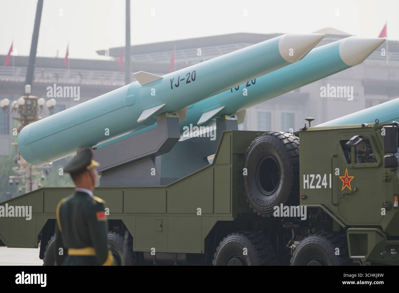YJ-20 ship-launched anti-ship missiles take part in a military parade to commemorate the 80th ...
