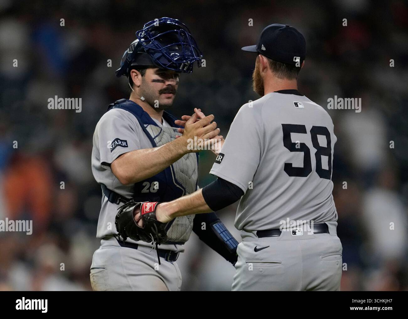 New York Yankees catcher Austin Wells (28) celebrates with relief ...