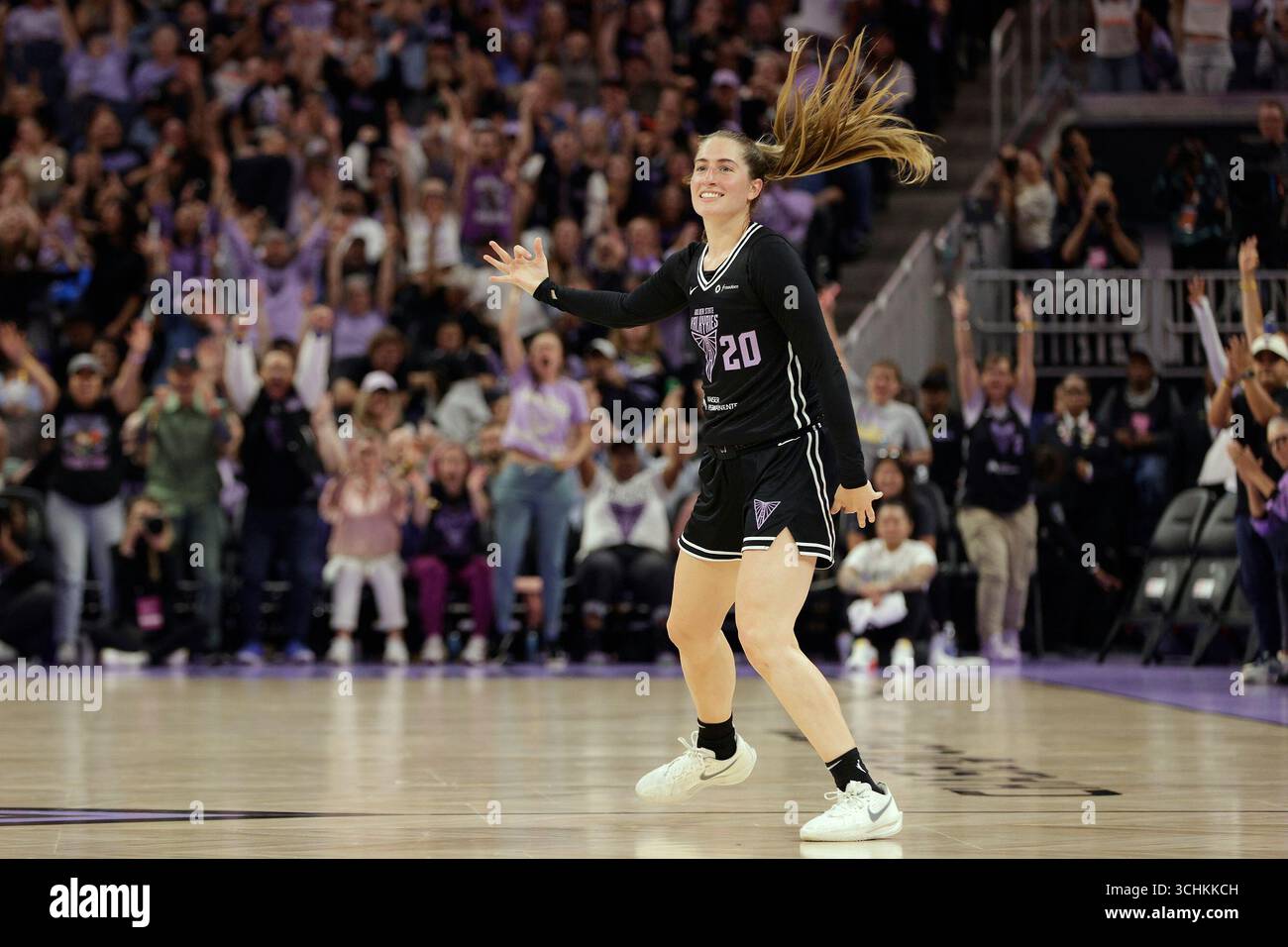 Golden State Valkyries guard Kate Martin (20) celebrates her 3-pointer ...