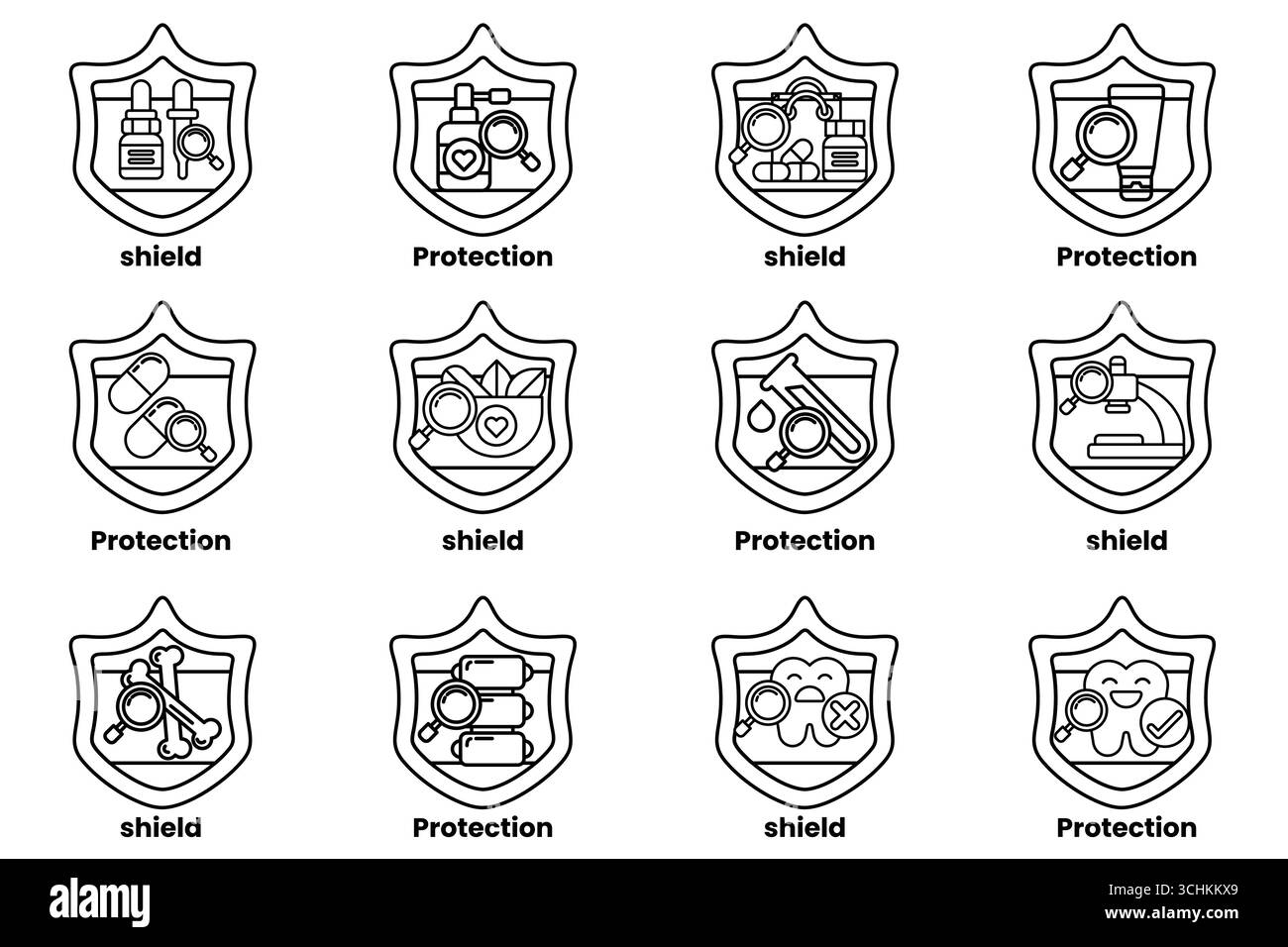 A set of 12 shields with the word protection written on them. Each ...