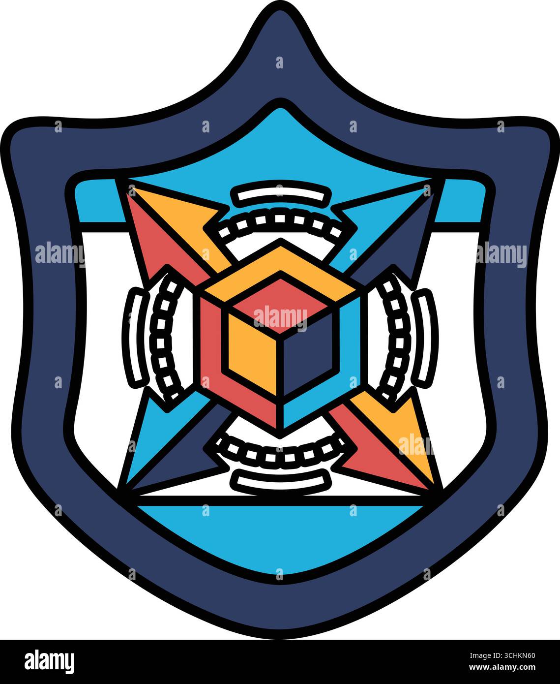 A blue shield with a red square in the middle. The shield is decorated ...