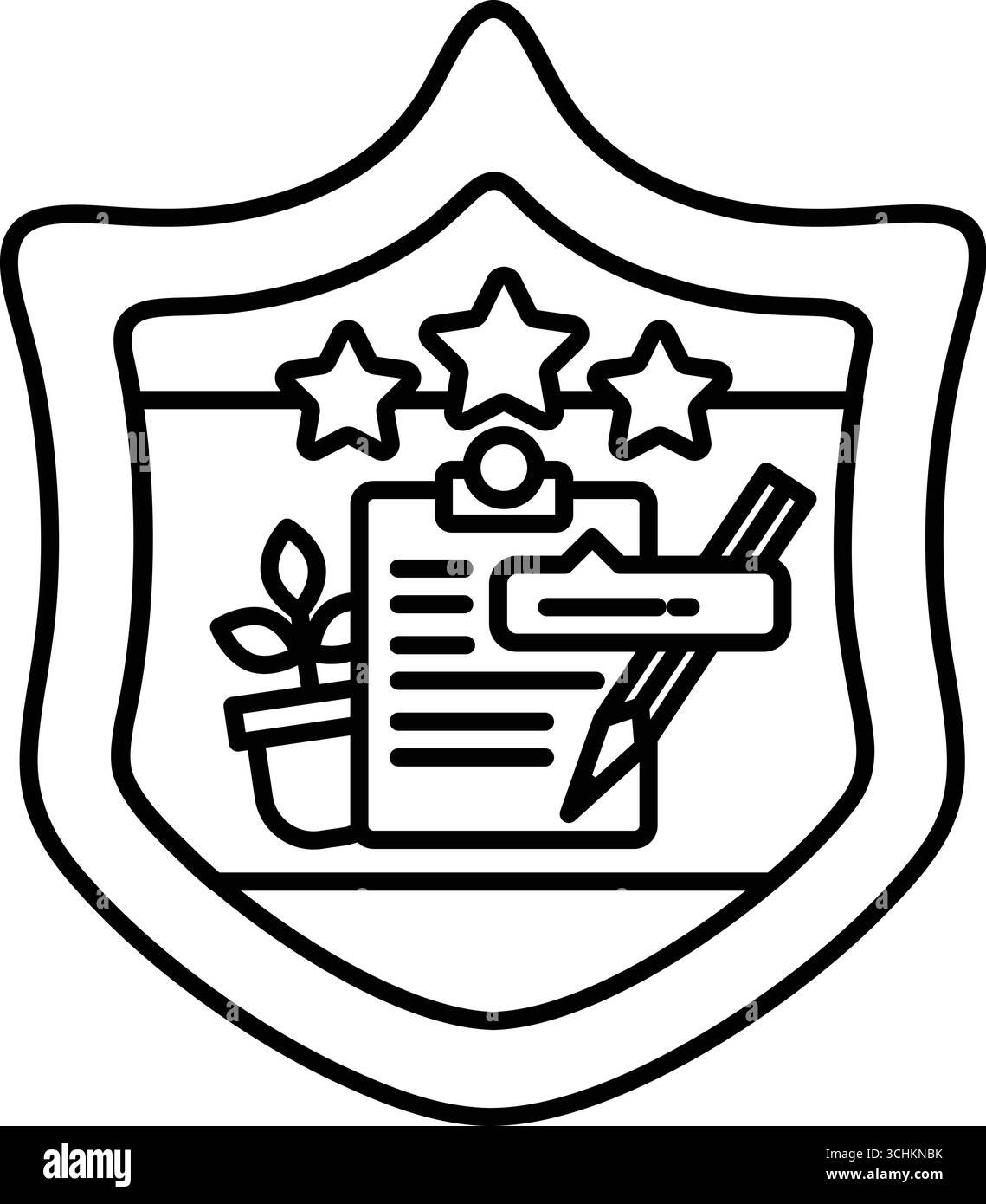A shield with a plant, a clipboard, and a pencil. The shield is black ...