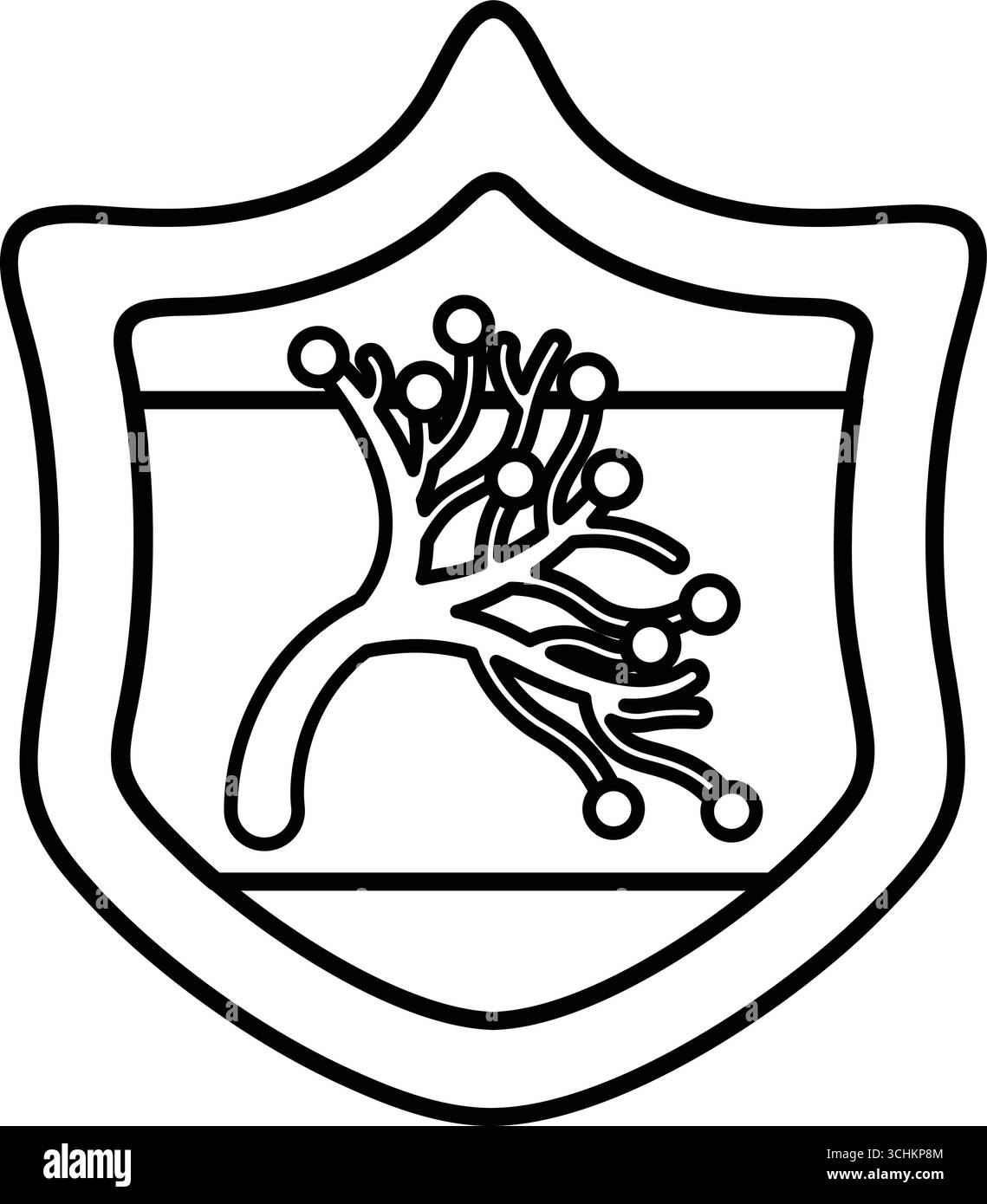 A shield with a tree on it. The shield is black and white. The tree is ...