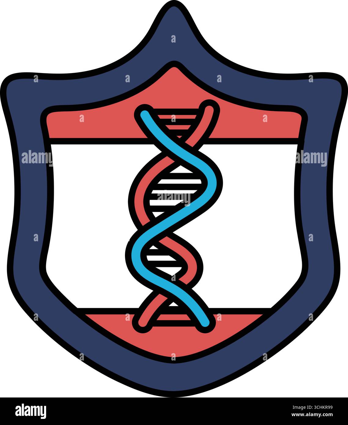 A shield with a DNA strand on it. The shield is black and white. The ...