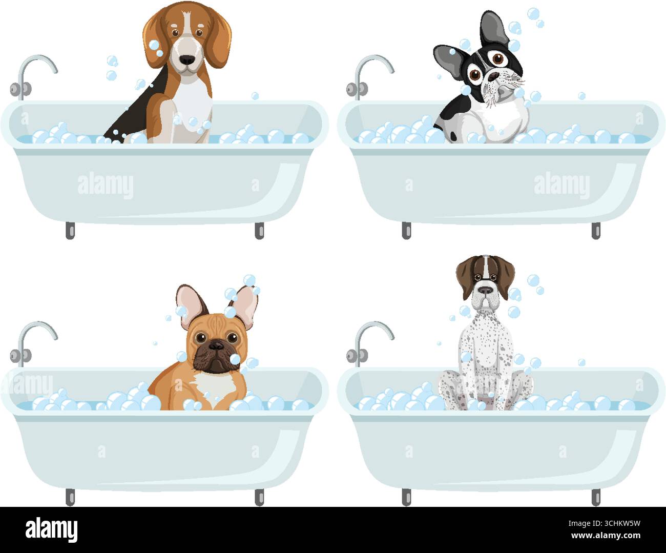 Cartoon vector of four dog breeds in bathtubs with bubbles, front view ...