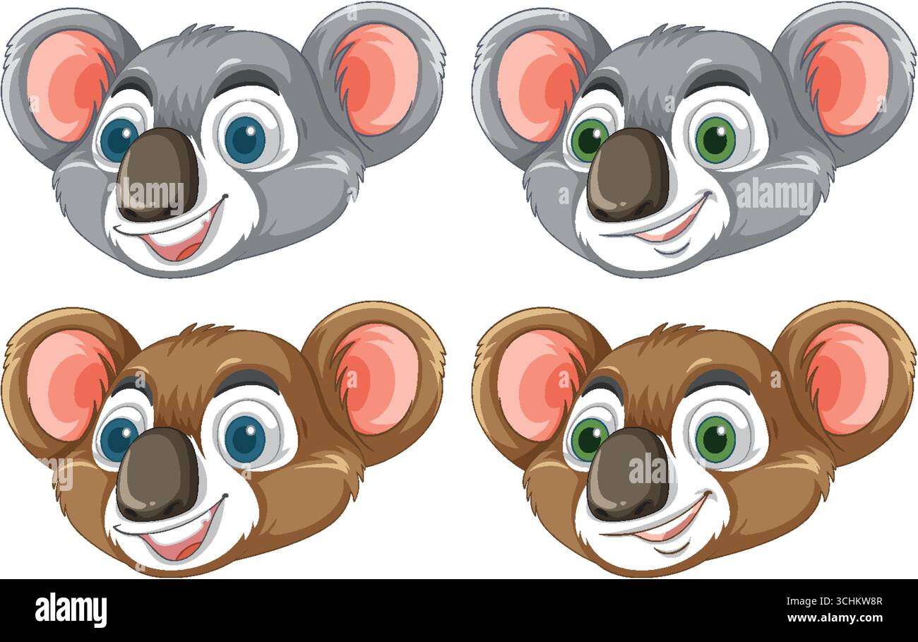 Vector illustration of four cartoon koala faces, varied fur and eye ...