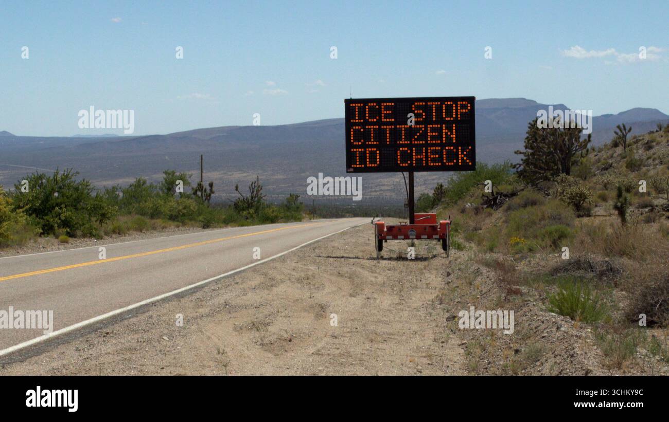 ICE Stop Citizen ID Check - electronic desert road sign Stock Photo - Alamy