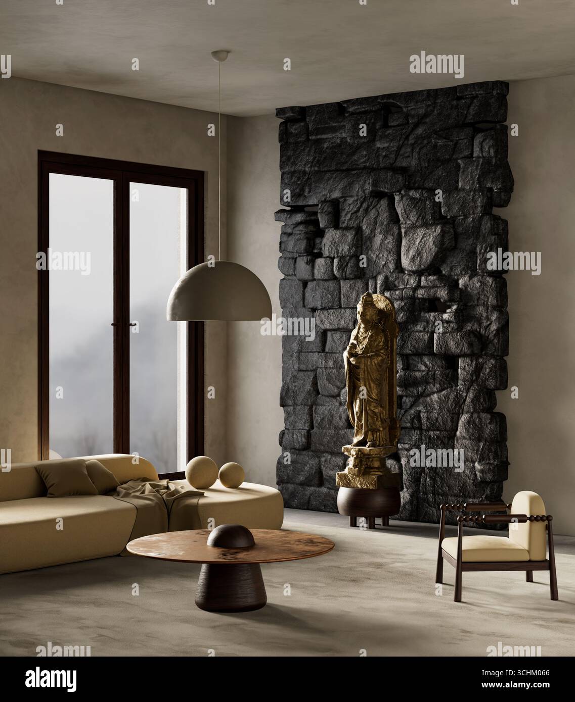 Minimal Scandinavian interior featuring a striking stone wall and a ...
