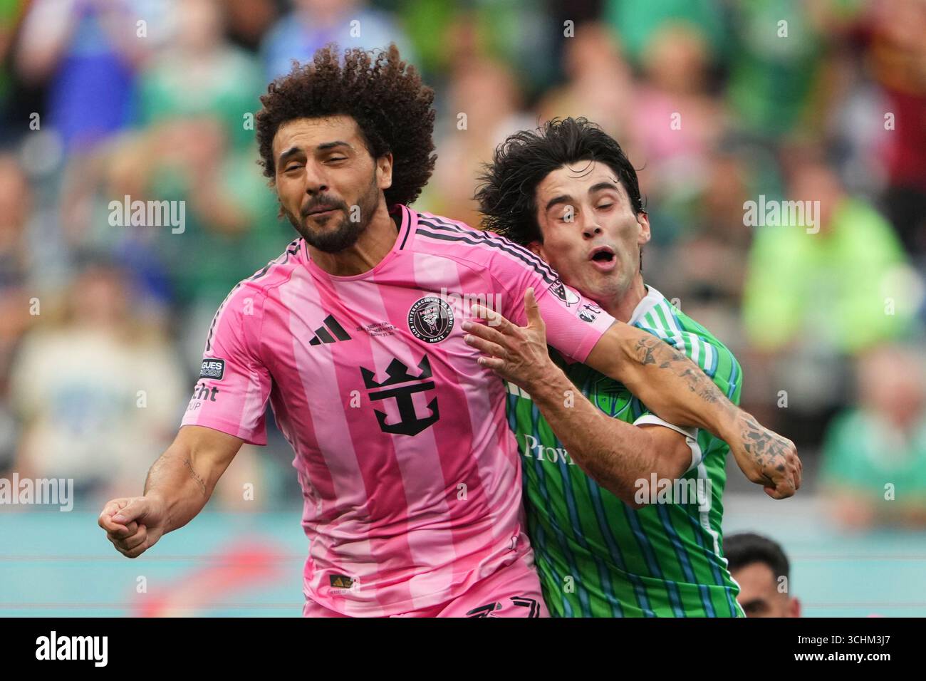 Inter Miami defender Maximiliano Falcón collides with Seattle Sounders ...