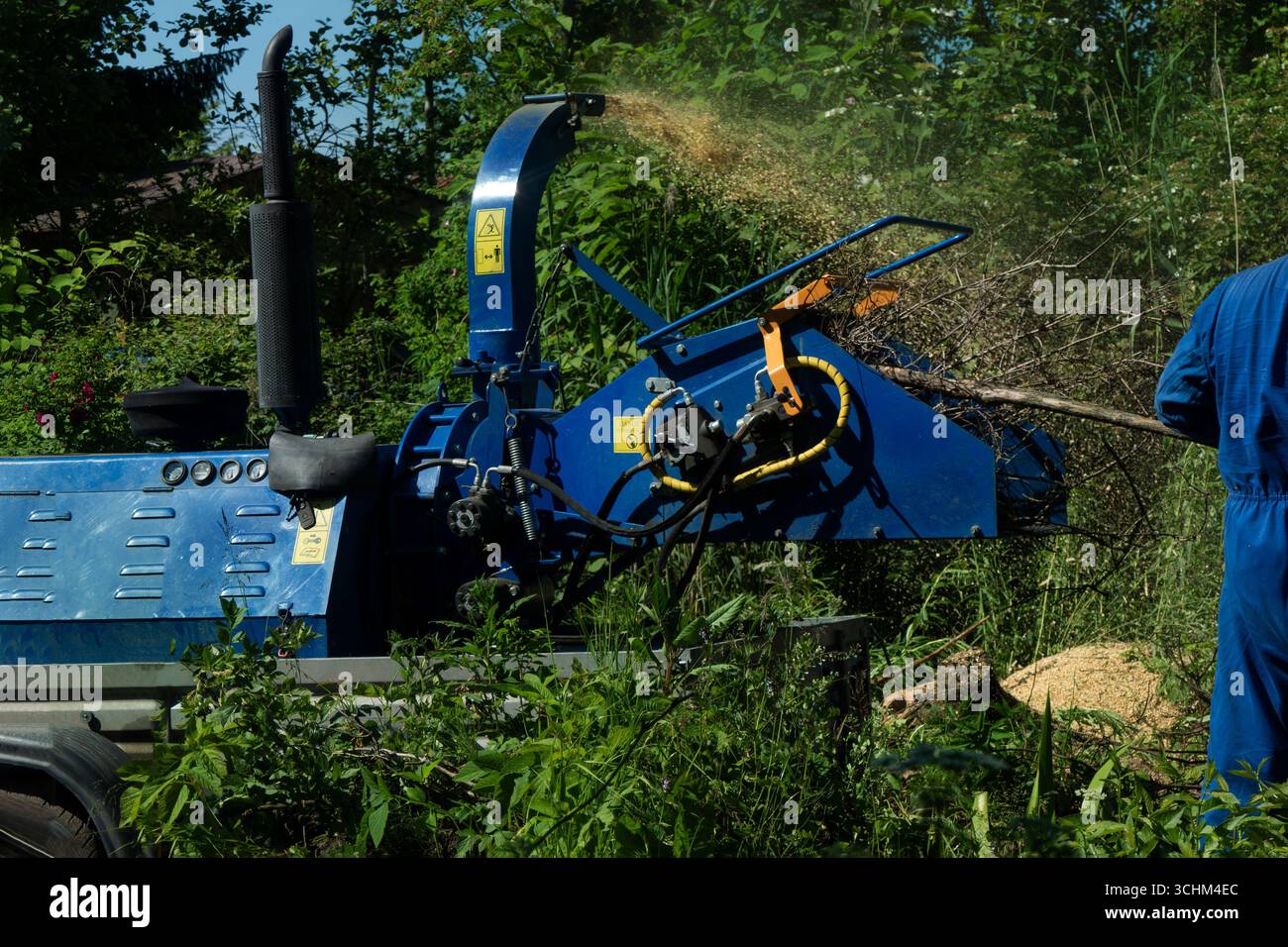 Male Arborist using a working wood chipper machine.The tree surgeon is ...