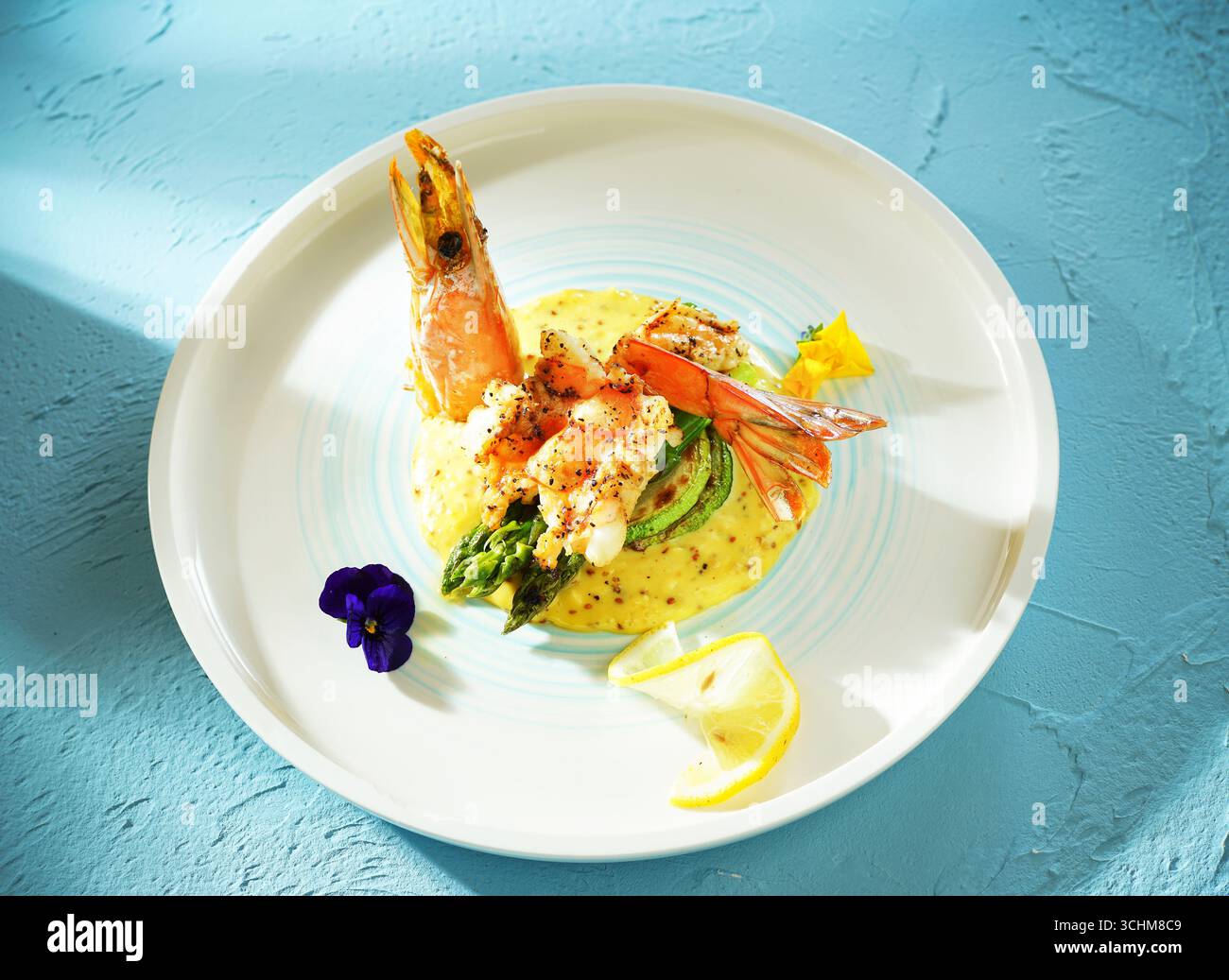 French-Style Pan-Seared Prawns with Mustard Cream and Asparagus Stock ...