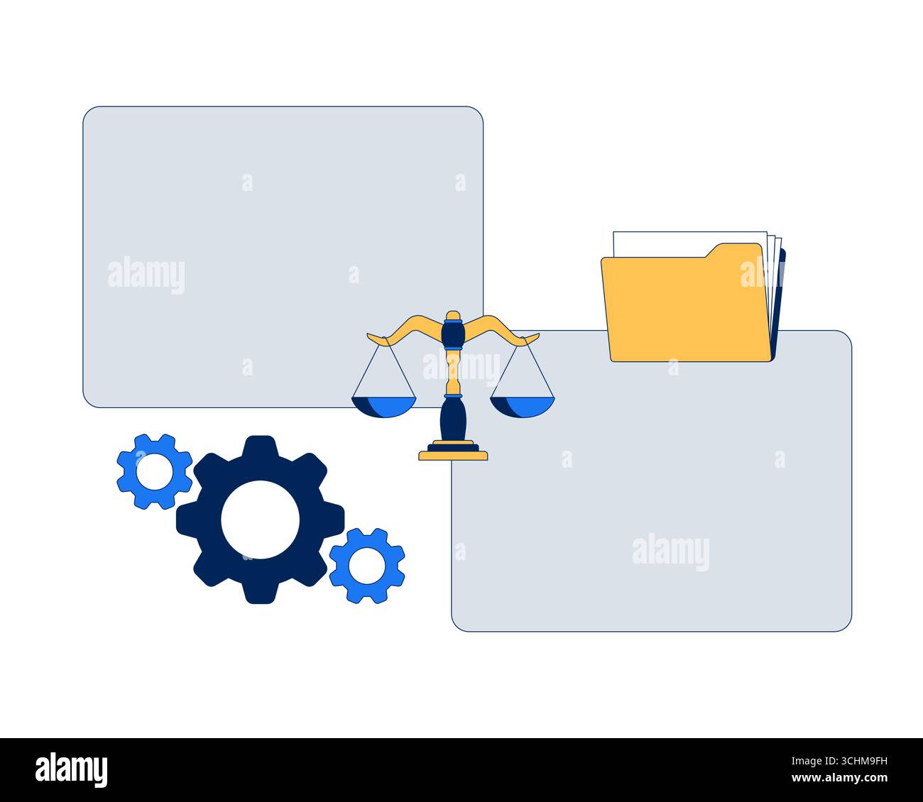 Legal data management with files and justice scale 2D illustration ...
