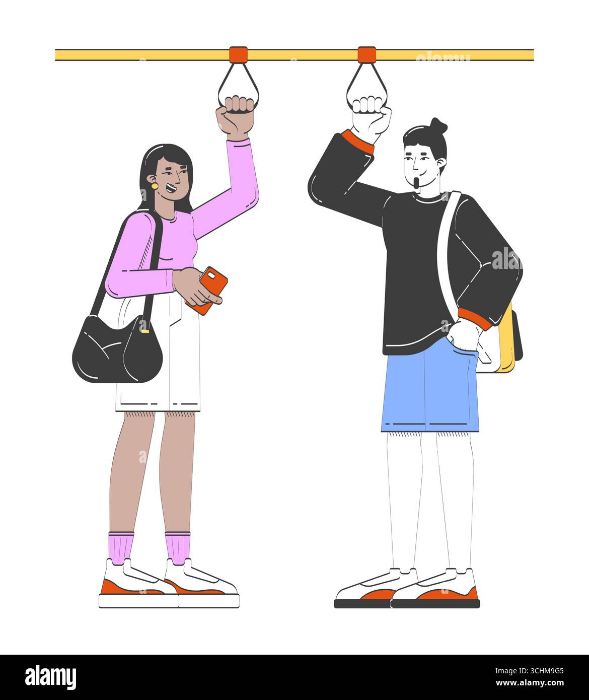 Commuters standing and holding subway handles in public transit doodle ...
