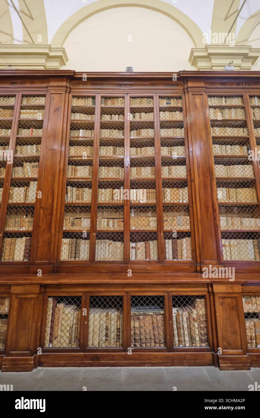 The large, classic, iconic, wood, traditional bookcases of the library ...