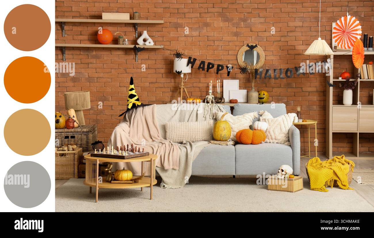 Interior of festive living room with grey sofa, pumpkins and Halloween ...