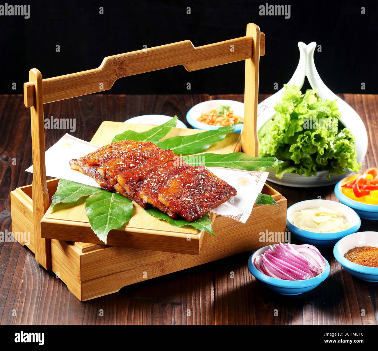 Korean Grilled Pork Belly with Lettuce and Condiments on Bamboo Tray ...