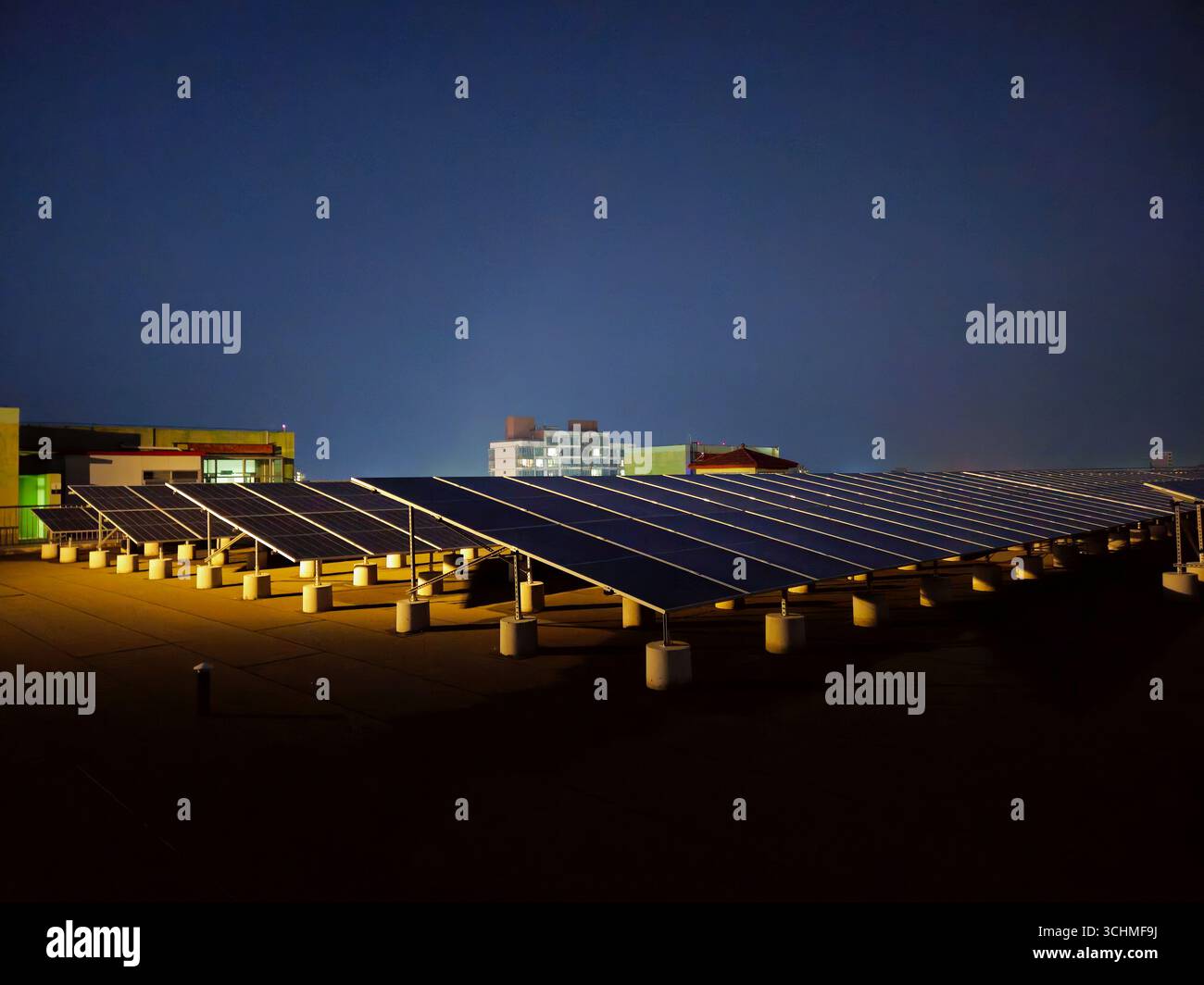 Rooftop Solar Array at Night, Shopping Mall, Shandong, China Stock ...