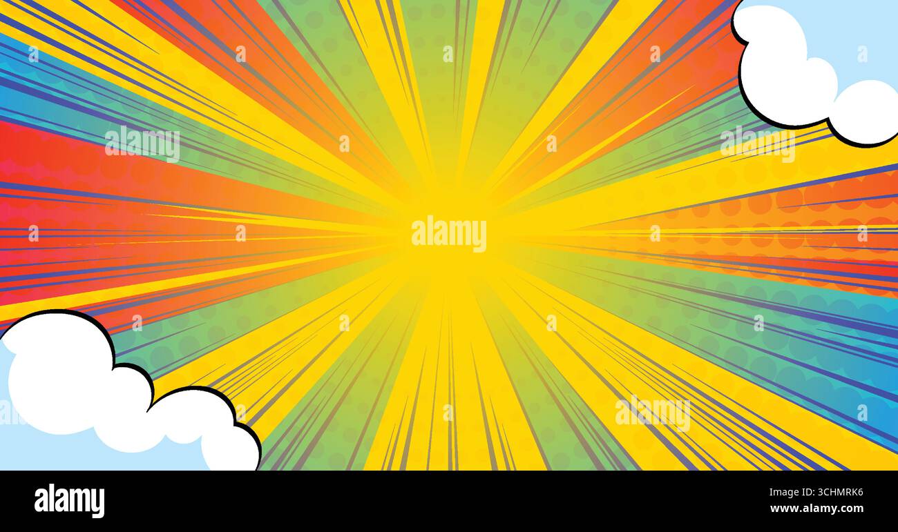 Anime comic burst with rainbow rays and white clouds for explosive ...