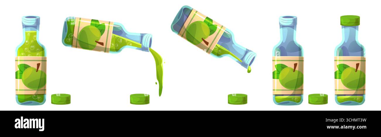 Cartoon apple juice bottle with green liquid and fruit labels for game ...