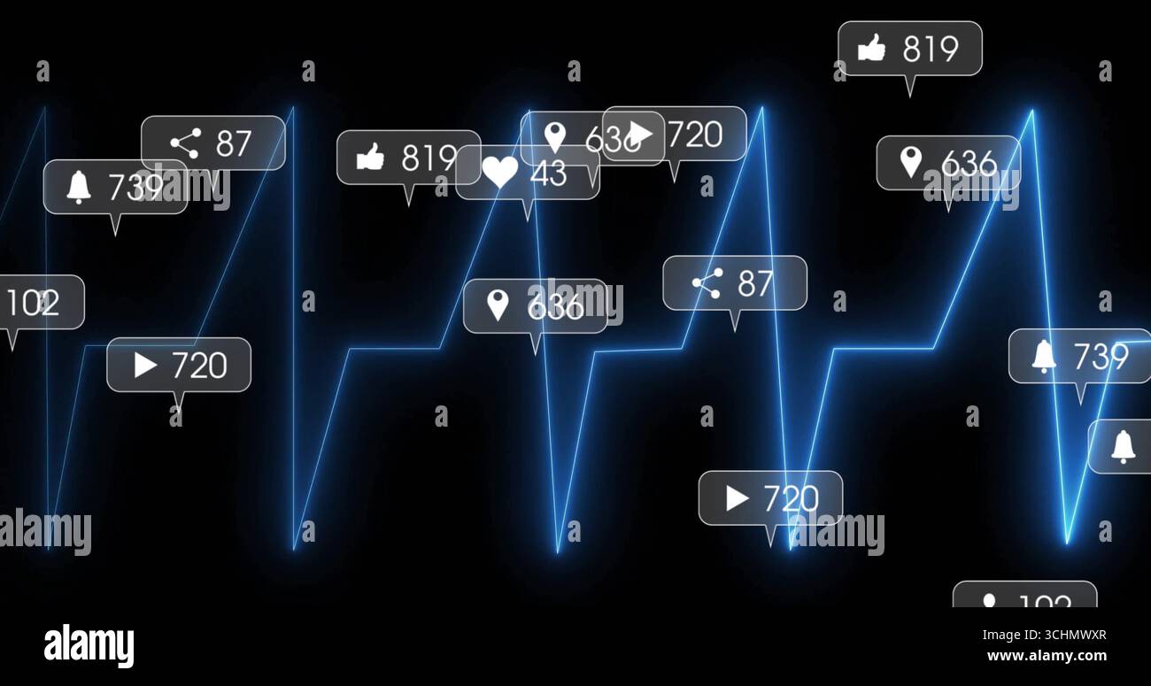 Pulsing neon-blue EKG-style waveform line traversing digital interface ...